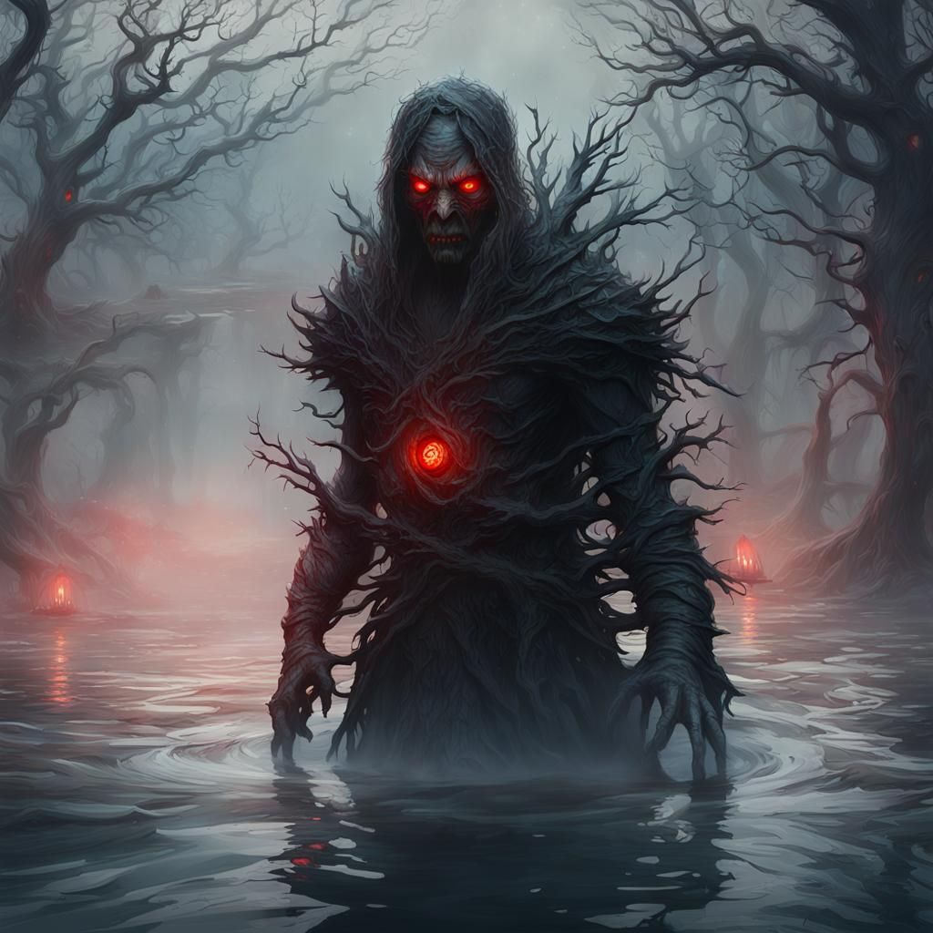 up close view of a mysterious figure, red eyes can be seen through a ...