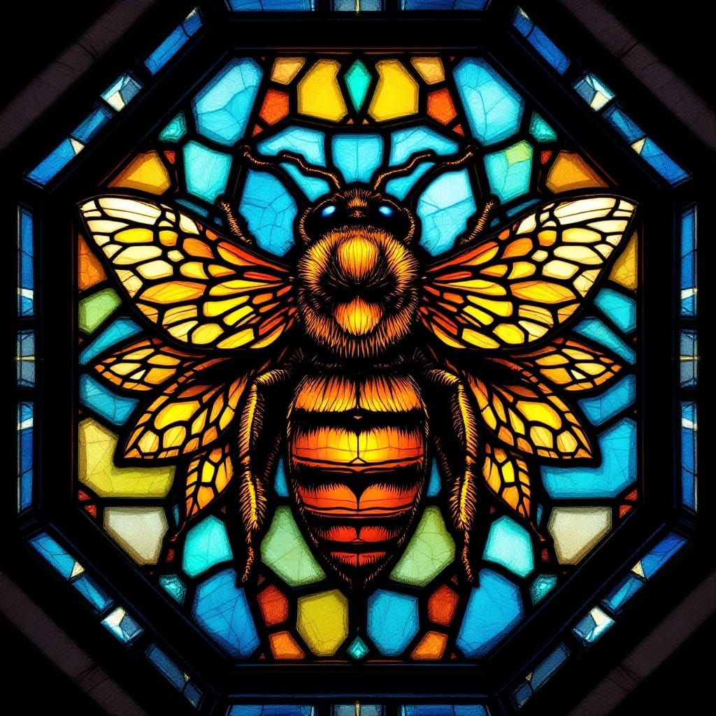 Hyper-realistic beautifully detailed queen bee on stained glass, with ...