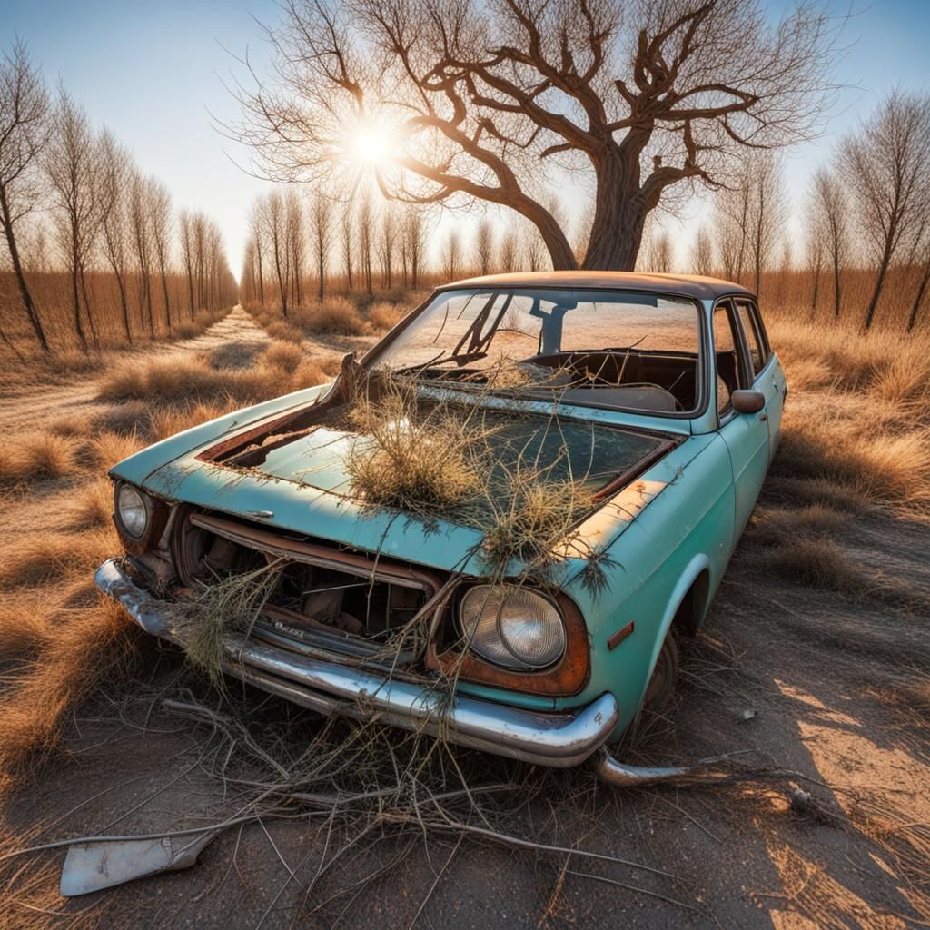An old abandoned car on a wasteland , windscreen is shattered and a new ...