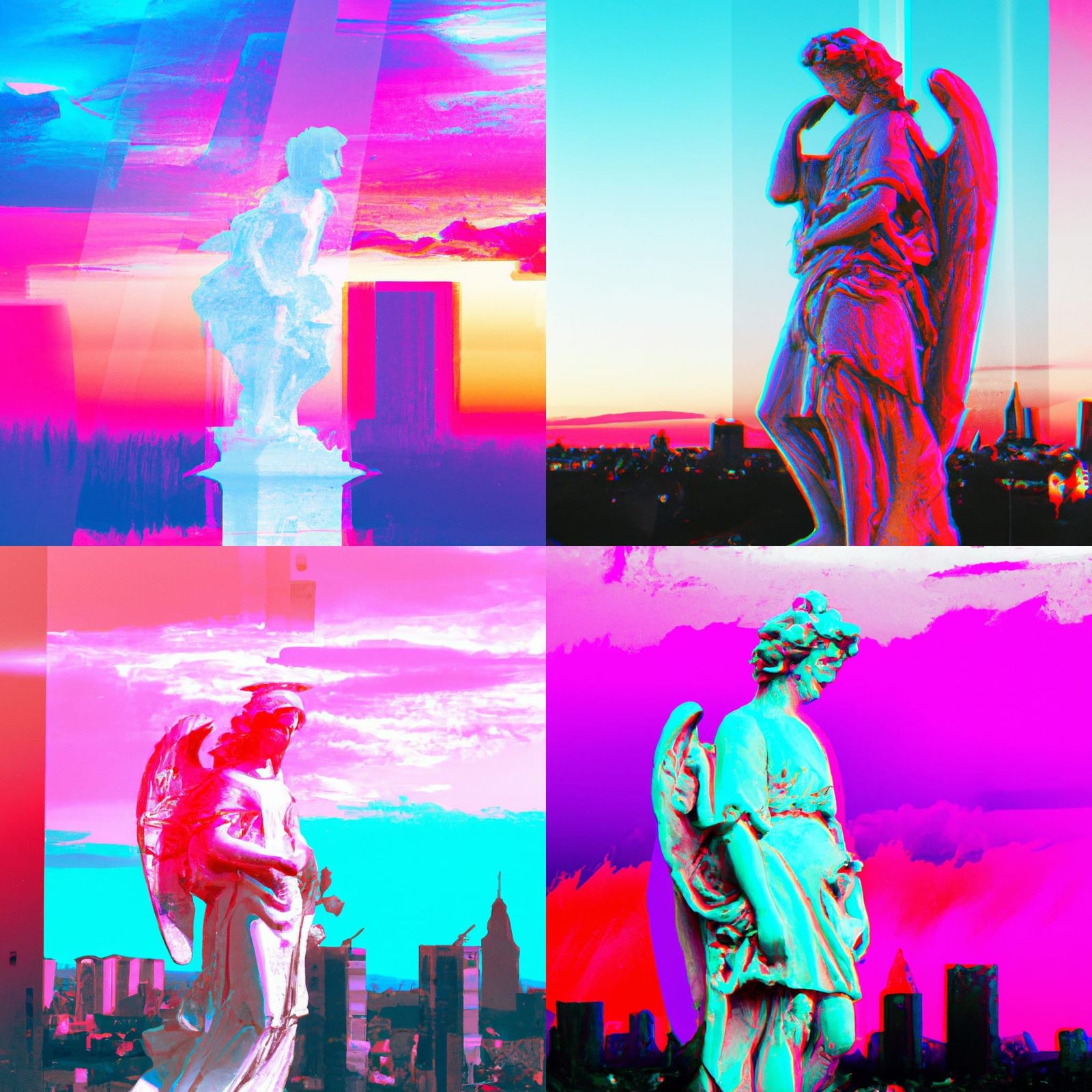White marble statue of an angel, stormy sunset city skyline, synthwave ...