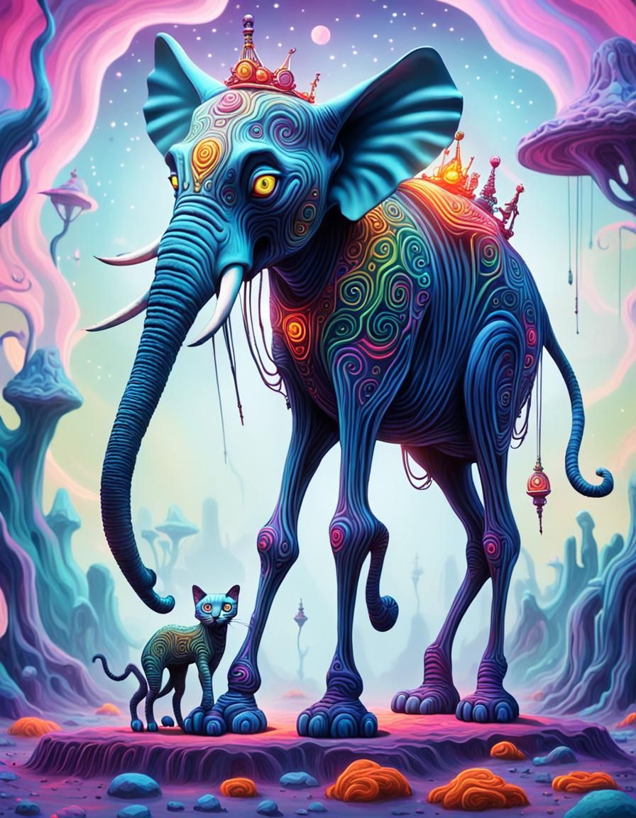 Surreal Cartoon Cats Ride a Glowing Elephant - AI Art