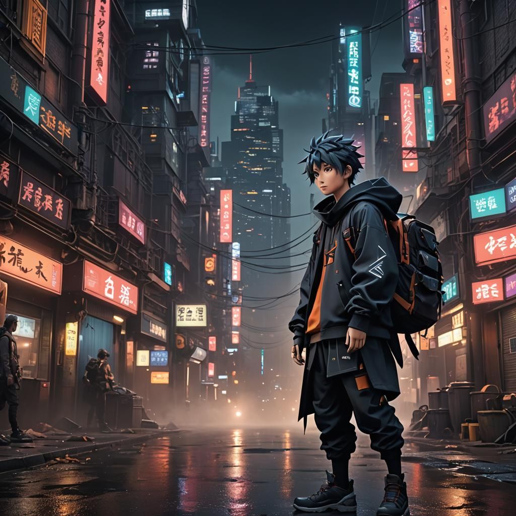 Stylized anime boy in baggy techware clothes in a dark city - AI ...