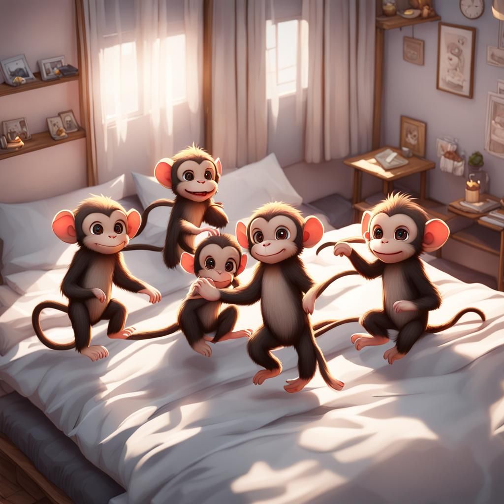 5 cute little monkeys jumping on the bed - AI Generated Artwork ...