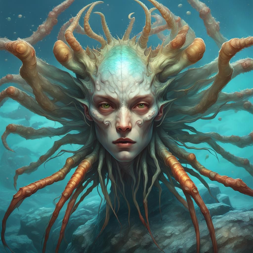 a long slender sea creature with many legs and a shell with pincers ...