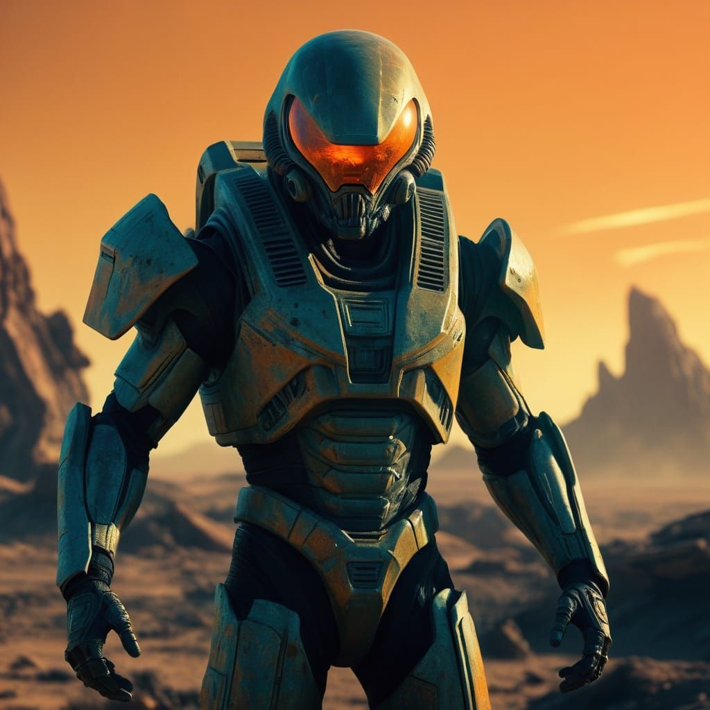 Heroic Alien Warrior in Futuristic Armor on a Deso... - AI Art