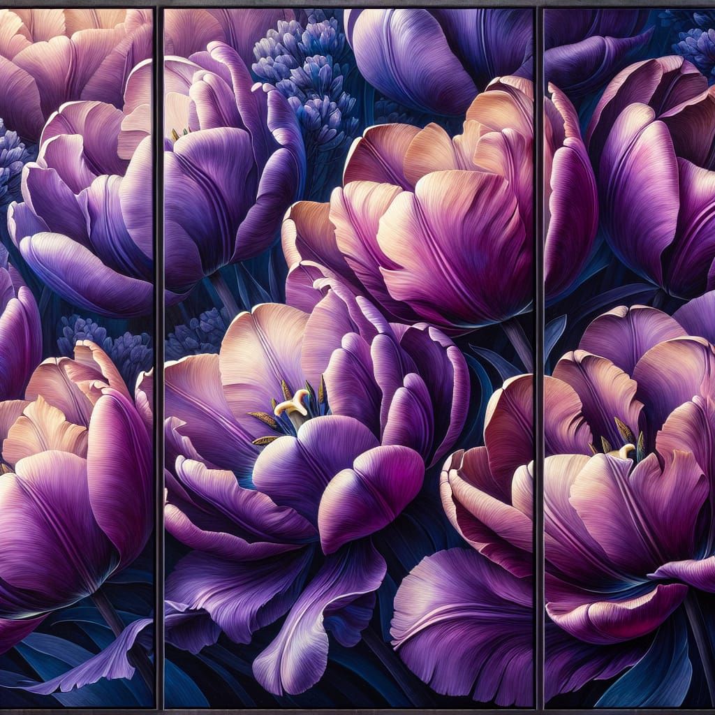 Purple Tulips - Ethereal Purple Tulip Triptych Masterpiece