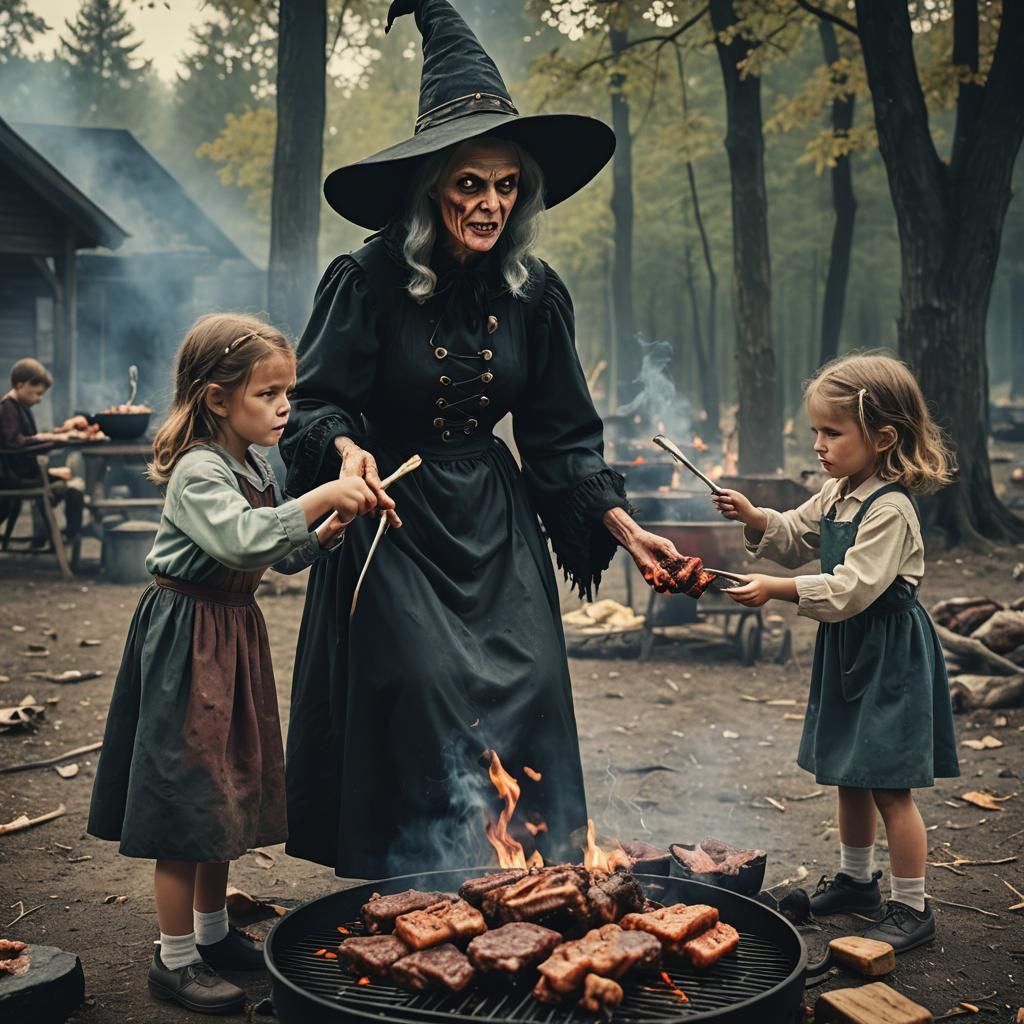 Evil witch turning childrens into barbecue meat - AI Generated Artwork ...
