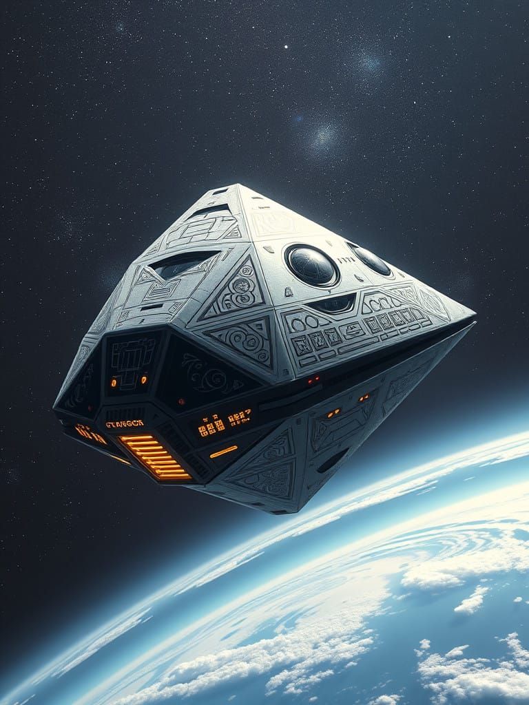 tetrahedron-shaped spacecraft, its metallic surface etched with complex ...