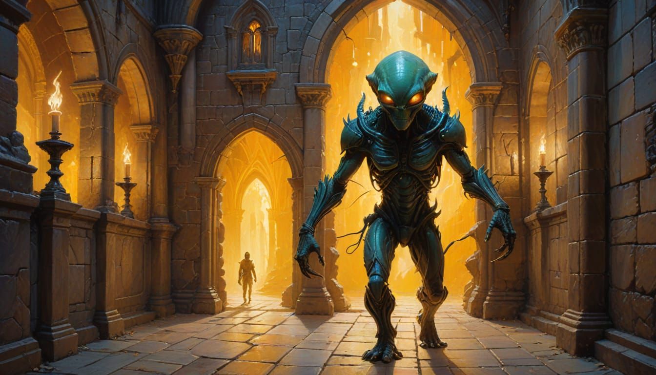 inside alien castle - Alien Amidst Golden Castle Walls in Vi...