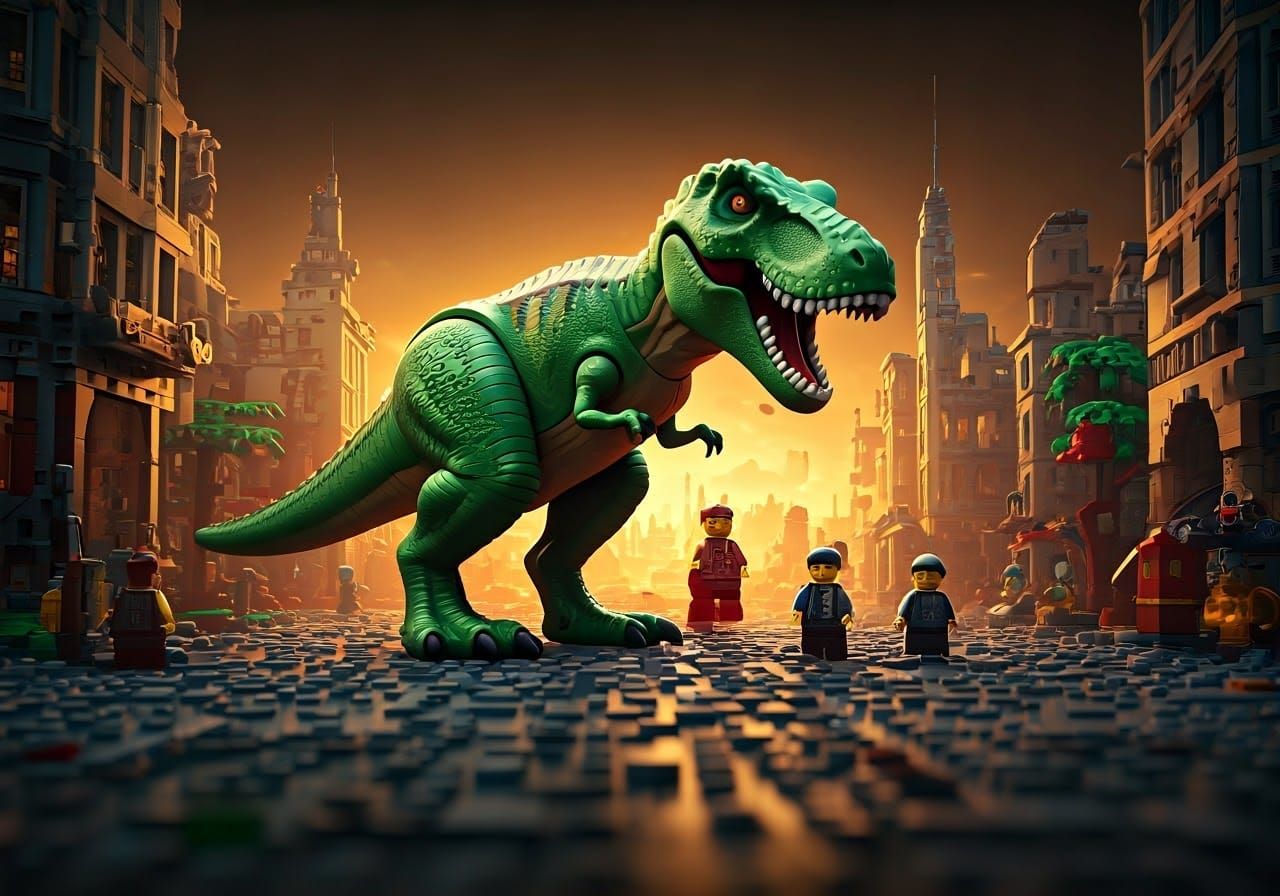 A stunning image of a destructive, green toy T-Rex rampaging through a ...