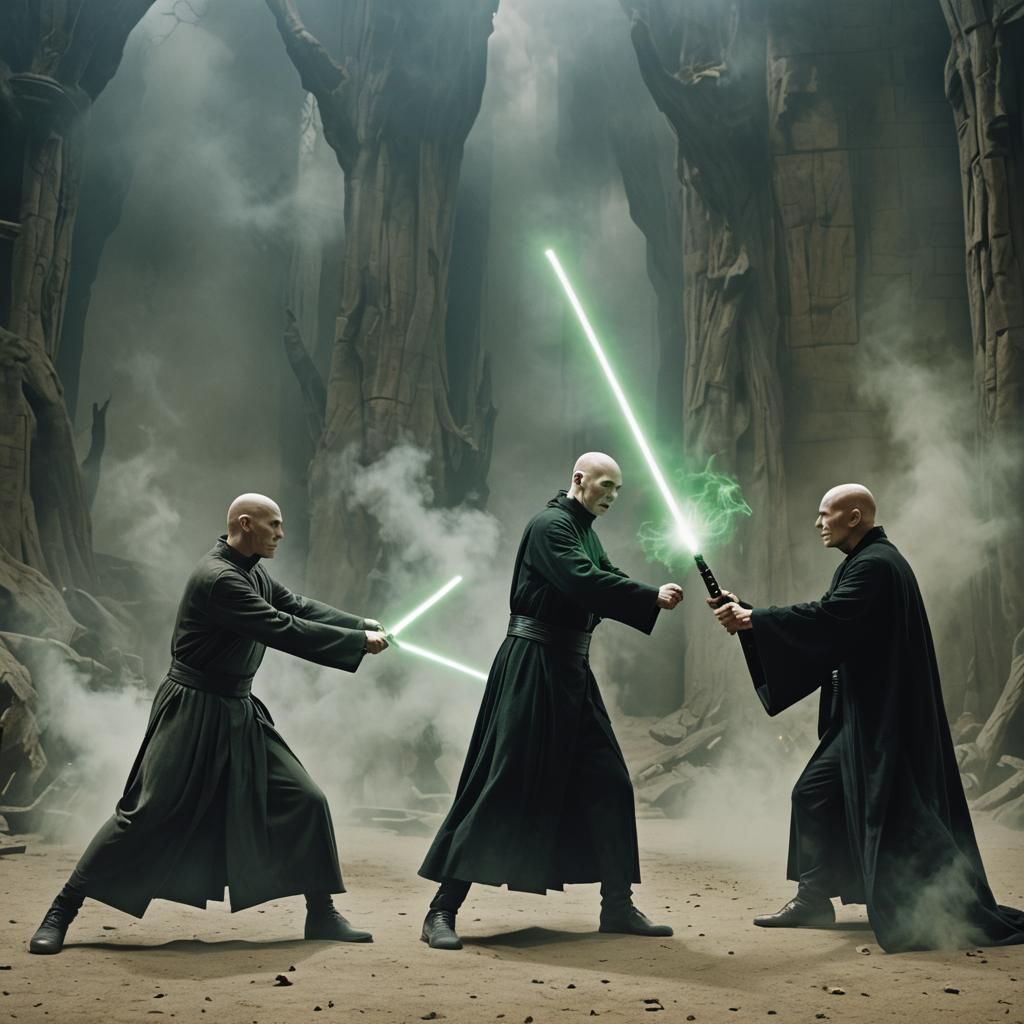 Voldemort and adult harry dueling with light sabers - AI Generated ...