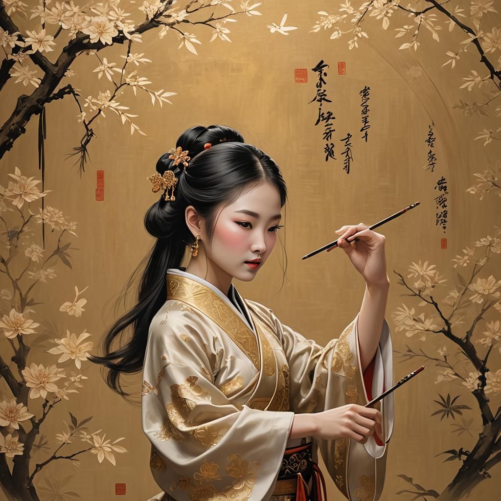 The motifs of the choreography surrounded the woman. Oil painting of a ...