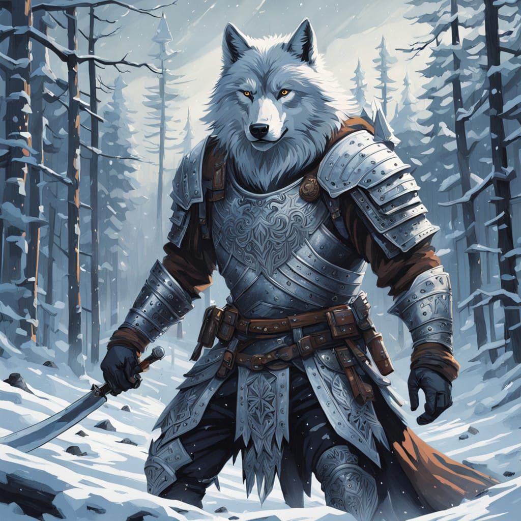 Female Wolf Warrior A lone wolf in frosty, silver-plated armor, wielding a sharp, icy blade ...