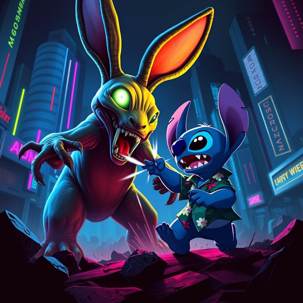 Cyberpunk Easter Bunny Battle in Neon-Lit Urban La... - AI Art