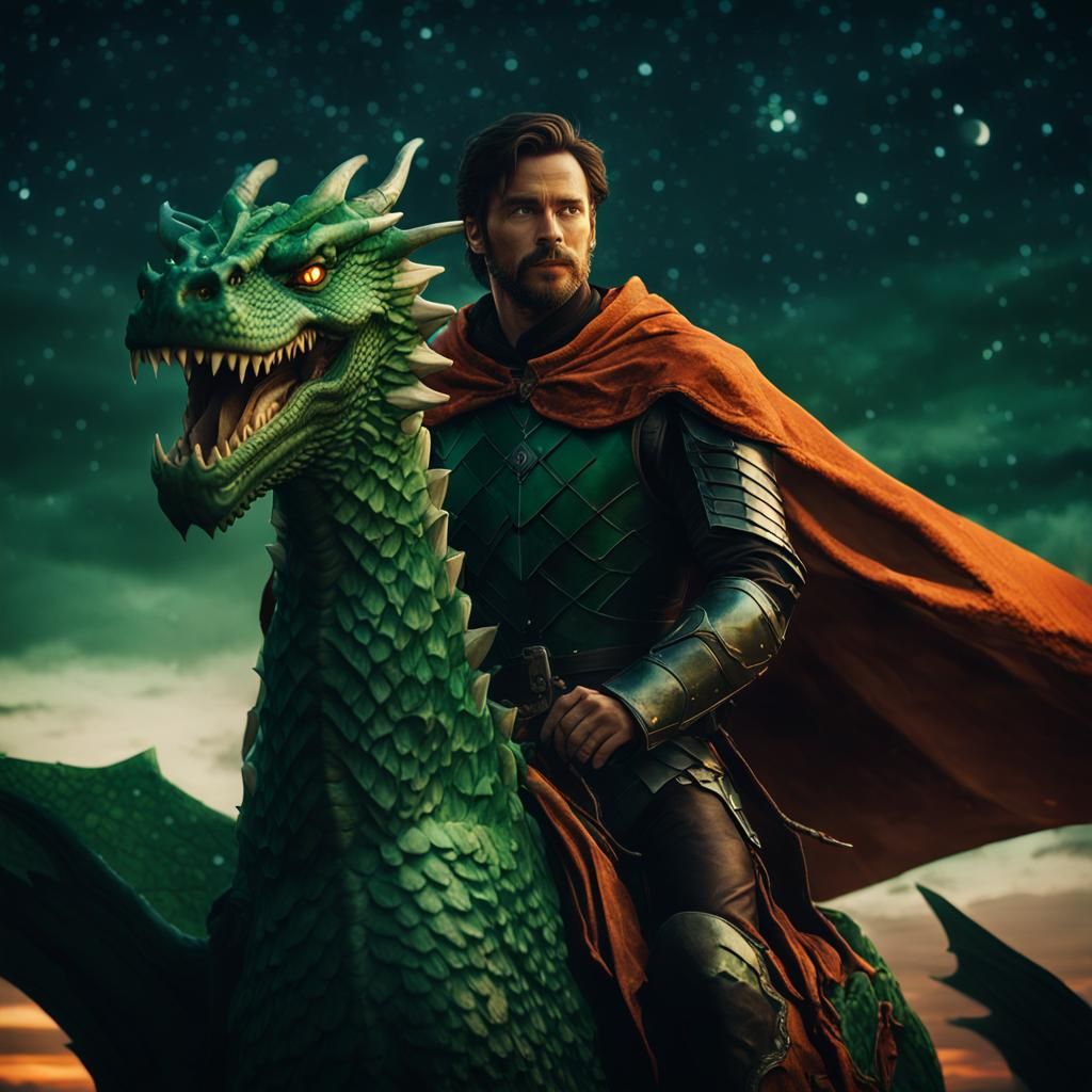Handsome brave hero riding across the sky on a dragon. - AI Generated ...