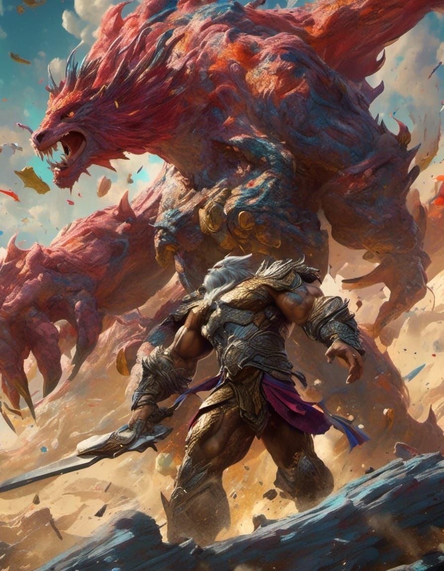 Giant beast and giant man, equal sized, fighting (created to fight ...