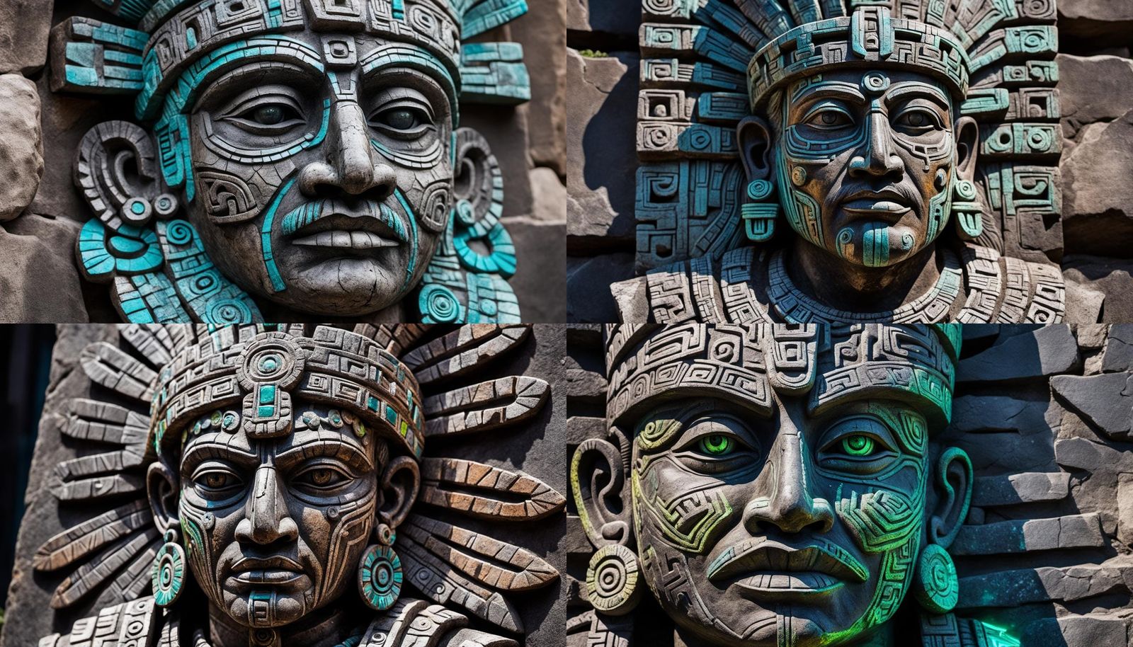 detailed close-up, weathered Aztec statue, close-up on intricate facial ...