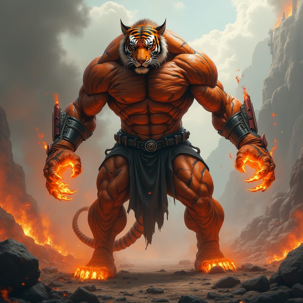 Cybernetic Tiger Warrior in Volcanic Ruins - AI Art