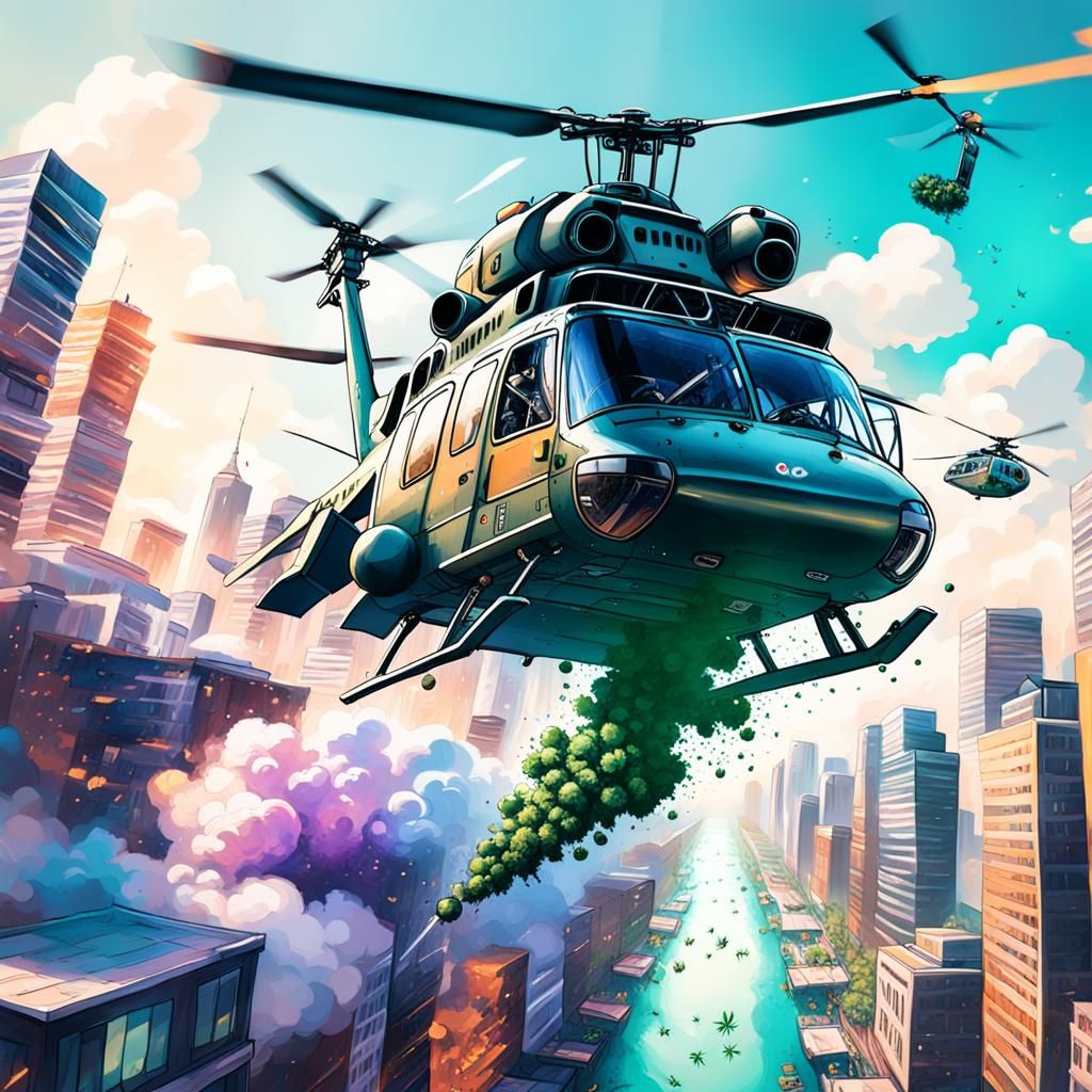 Helicopter dropping marijuana bombs out over the city on the people ...