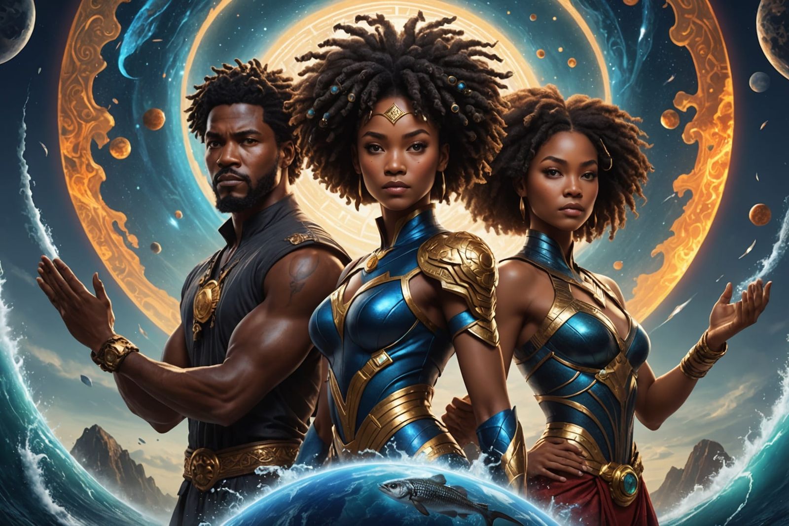 Wielding of the Elements - Duo wielding Cosmic powers, powerful image, afrocentric man and woman ...