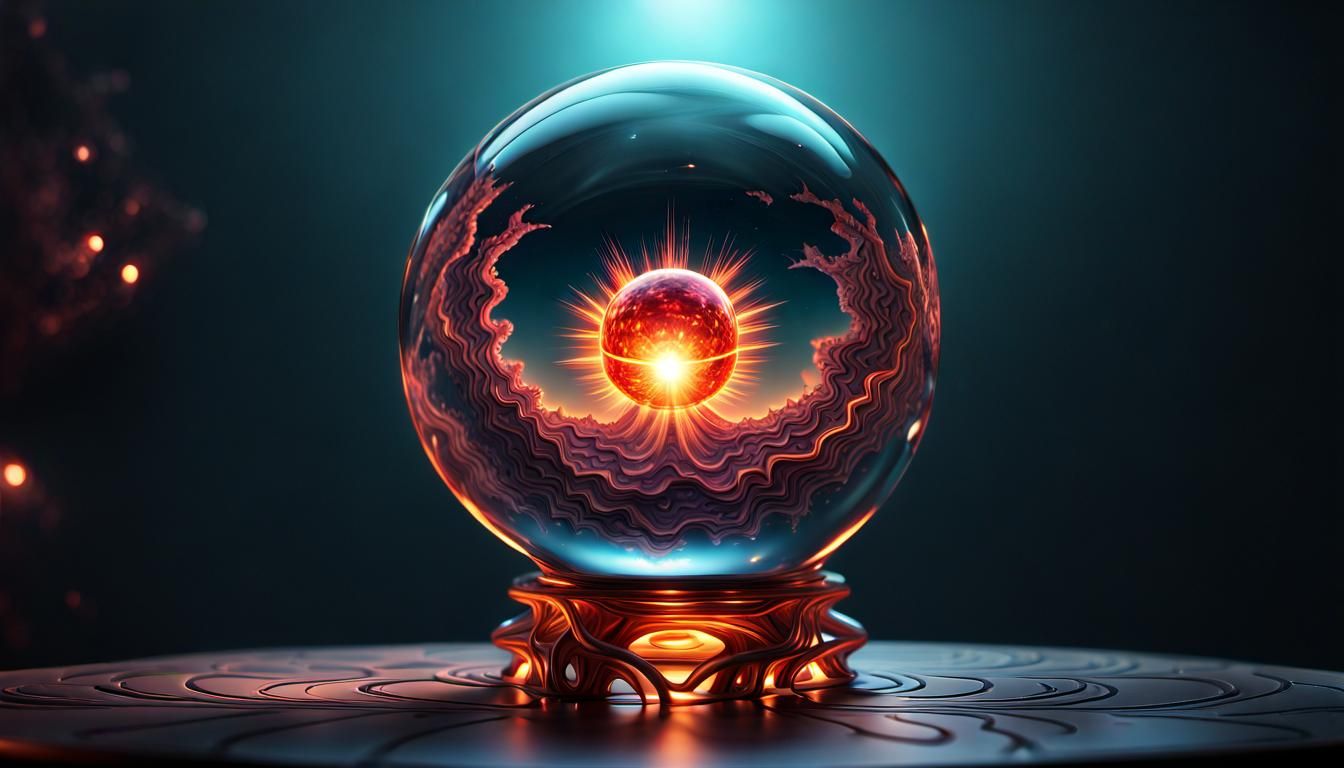 a crystal ball on a table showing a dystopian future with an atomic ...