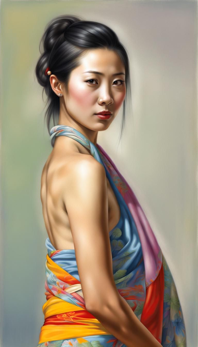 Photorealistic portrait , young bare-chested Chinese woman standing, in ...