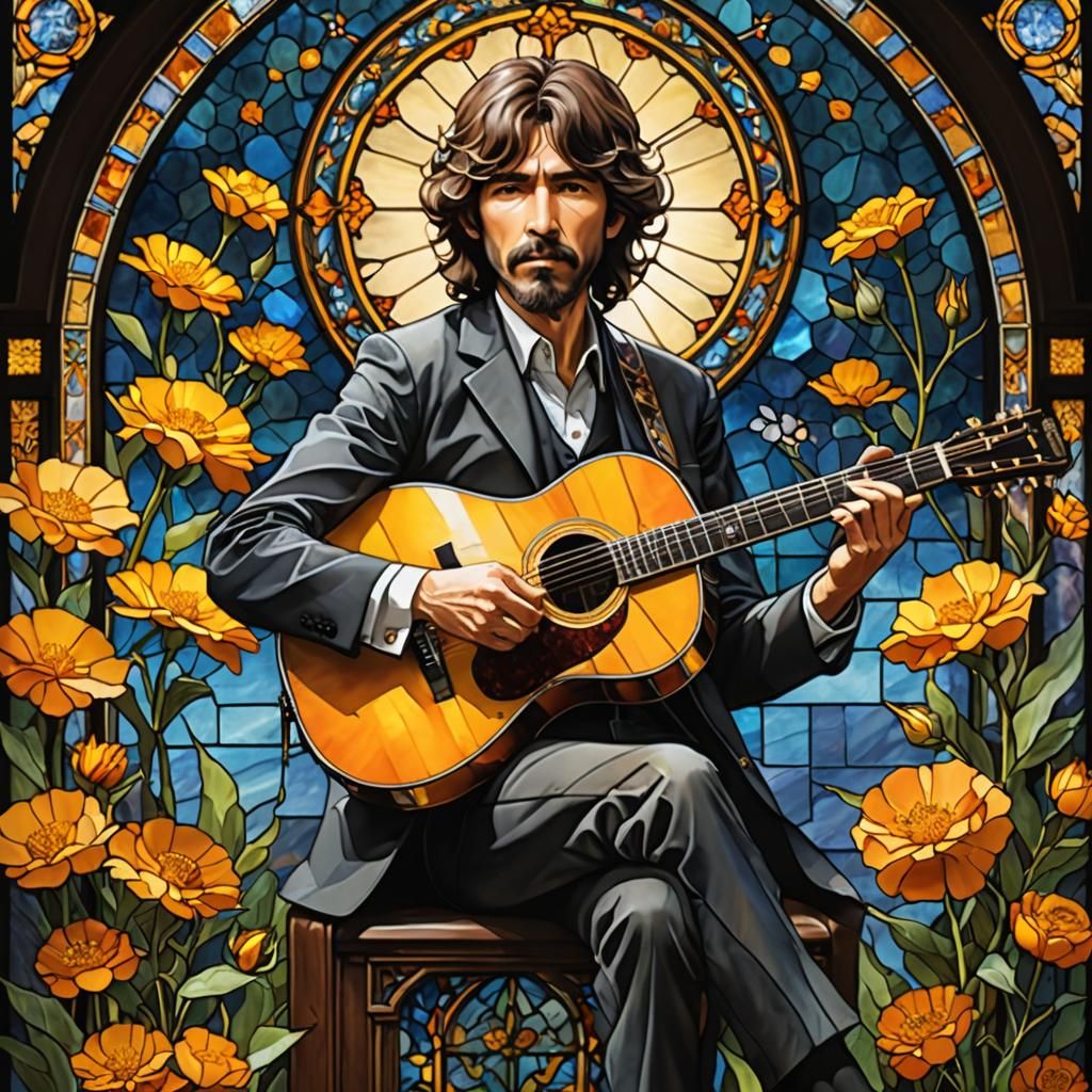 George Harrison, stained glass and marigolds - AI Generated Artwork ...