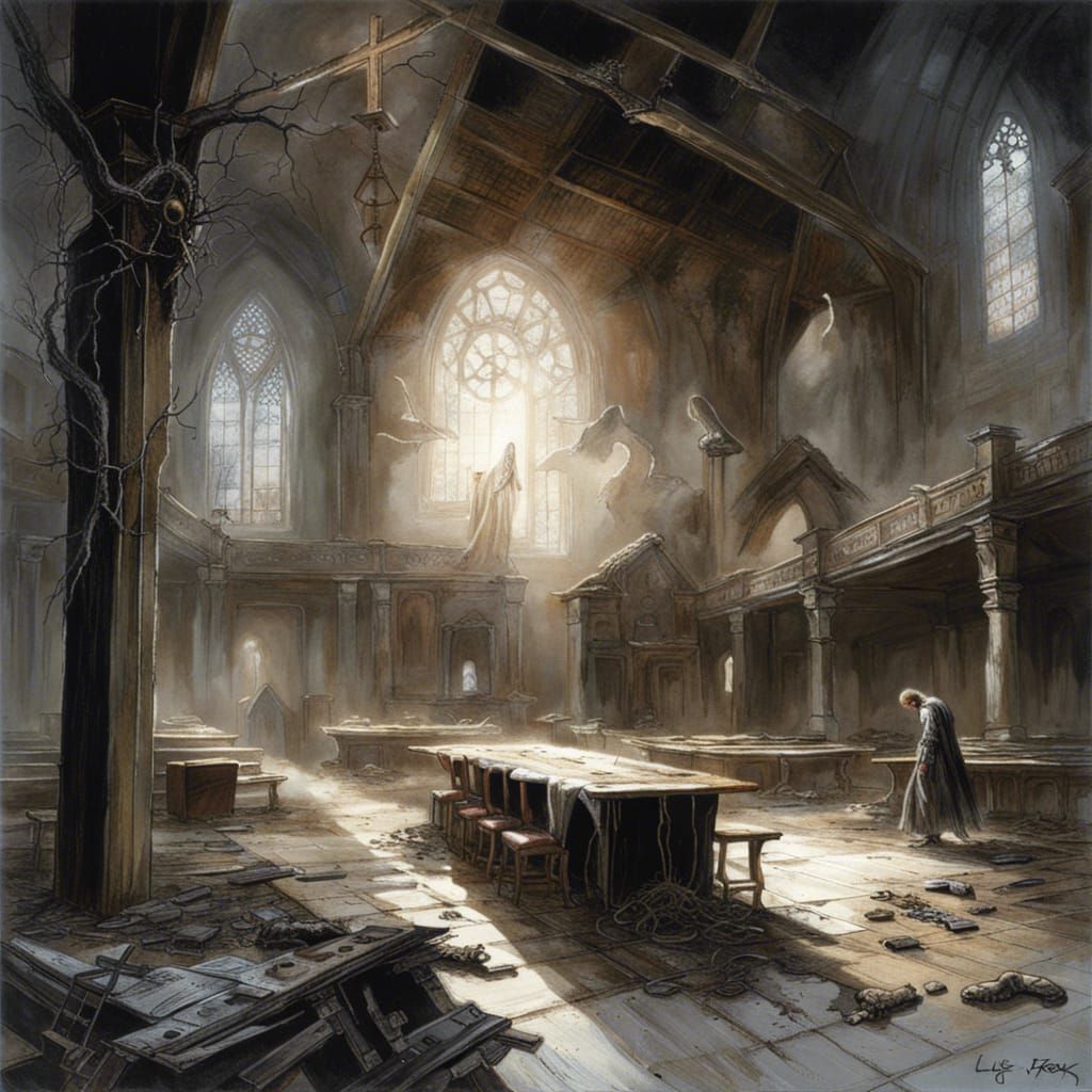 Inside of a post-apocalyptic church, hole in roof, broken furniture ...