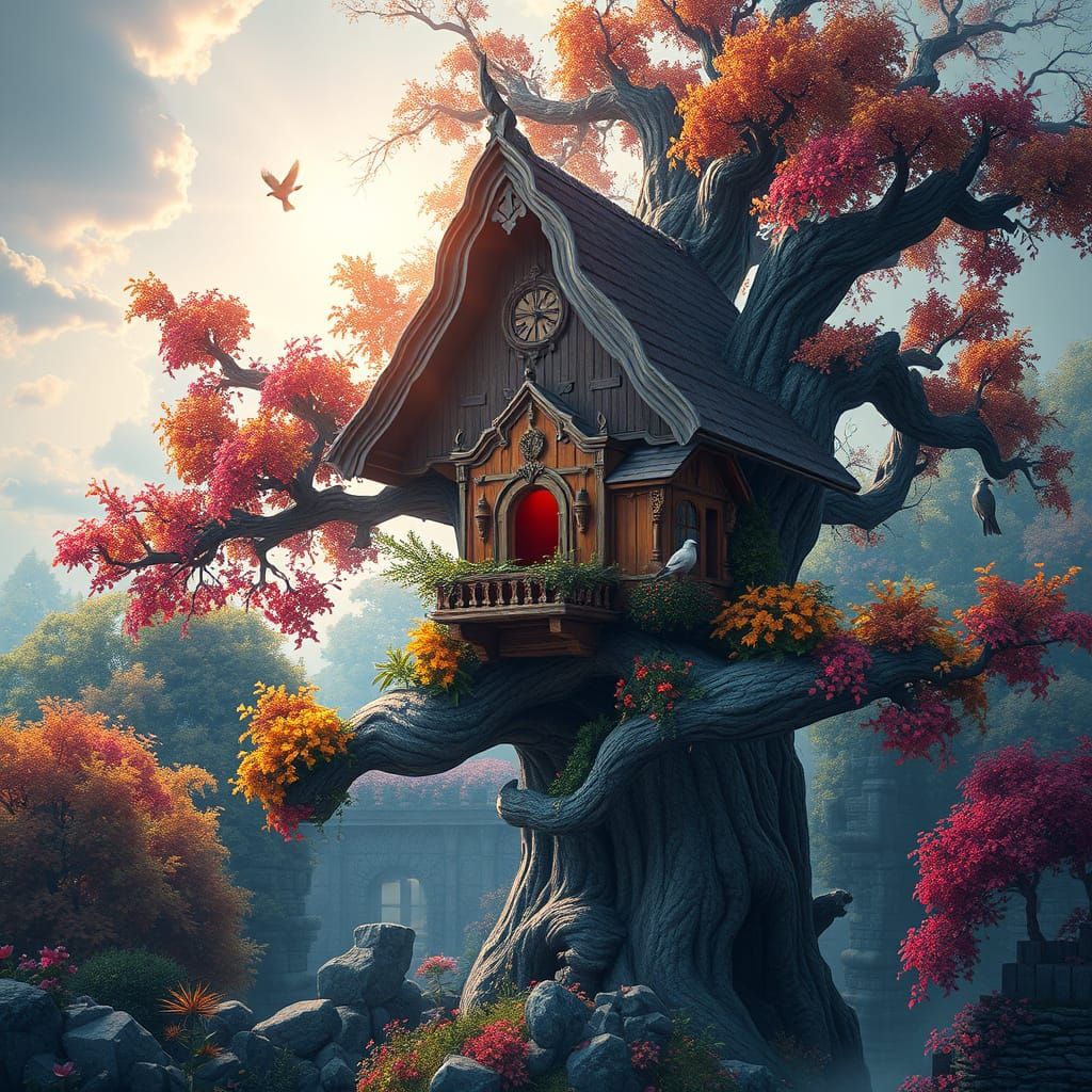 Fantasy Castle Birdhouse in Lush Landscape, Matte ... - AI Art