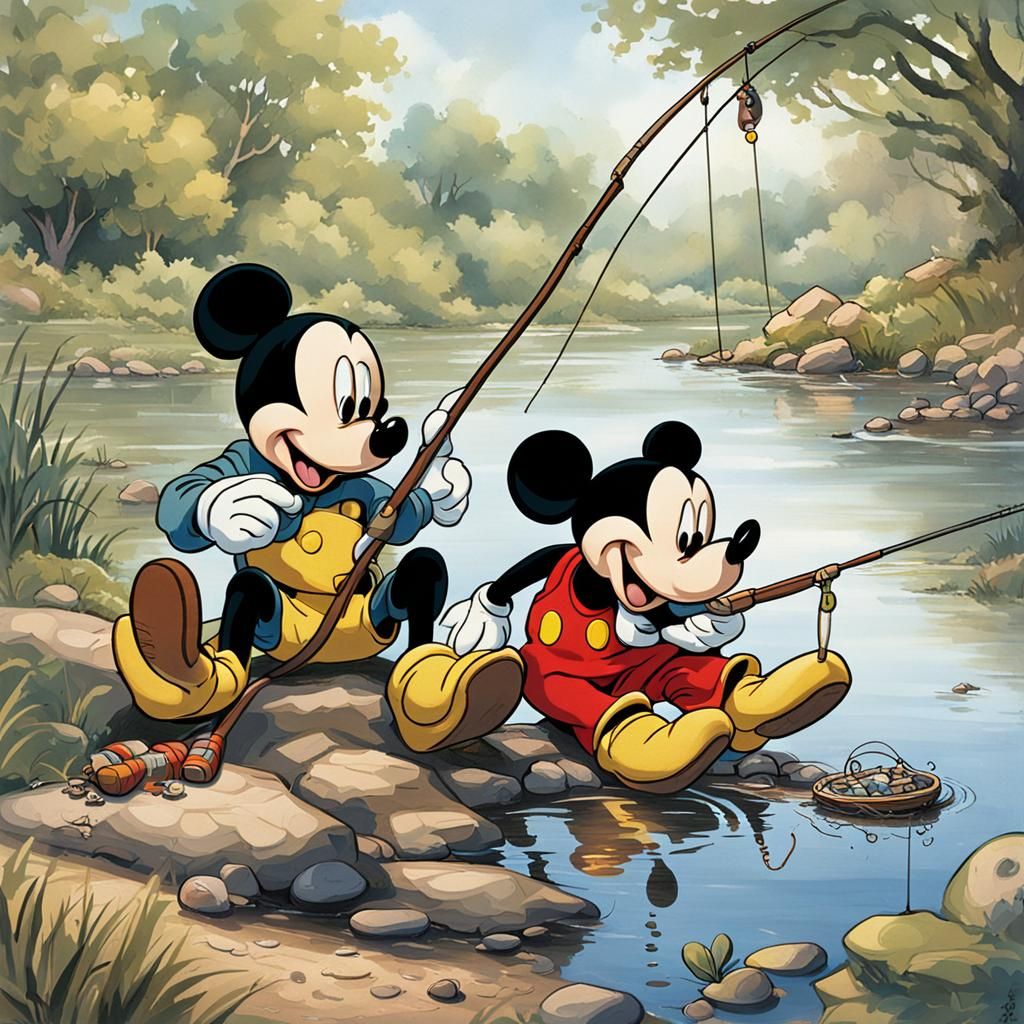 Micky Mouse Sitting on a riverbank fishing with the big goofy by his ...