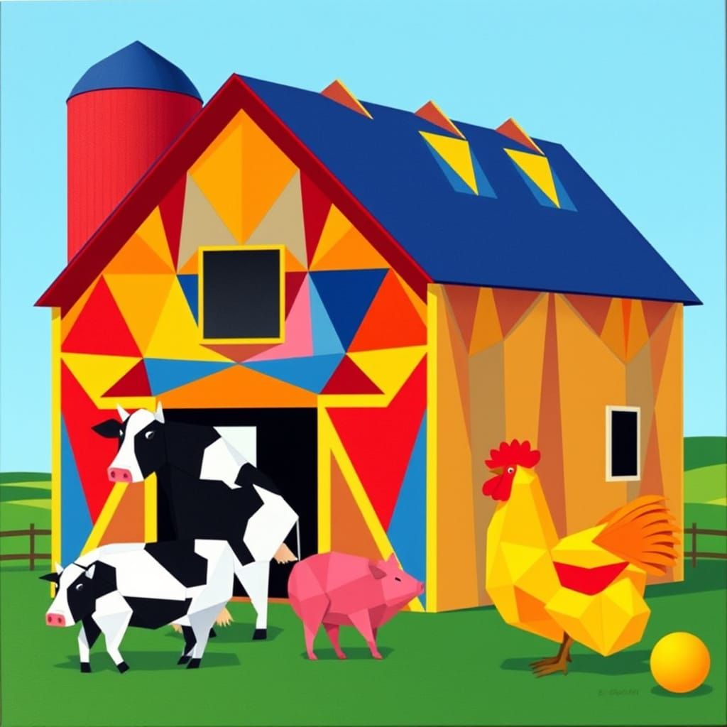 Geometric Farm Oasis in Vibrant Colors - AI Art