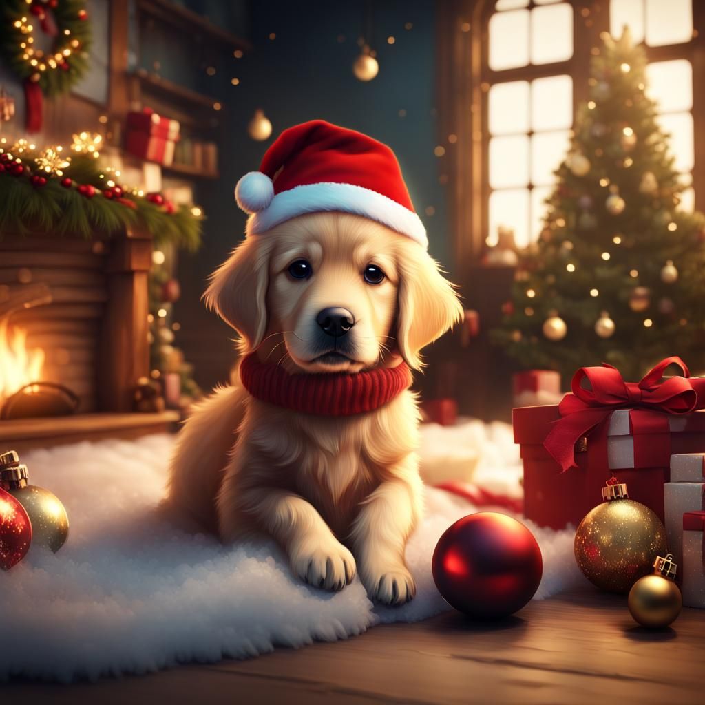 Christmas Golden Retriever Puppy - AI Generated Artwork - NightCafe Creator