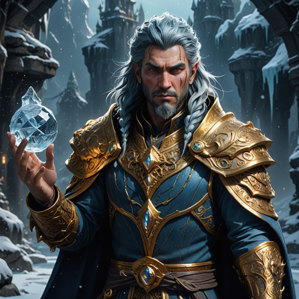 Ethereal Ice Mage with Frosty Locks and Golden Acc... - AI Art