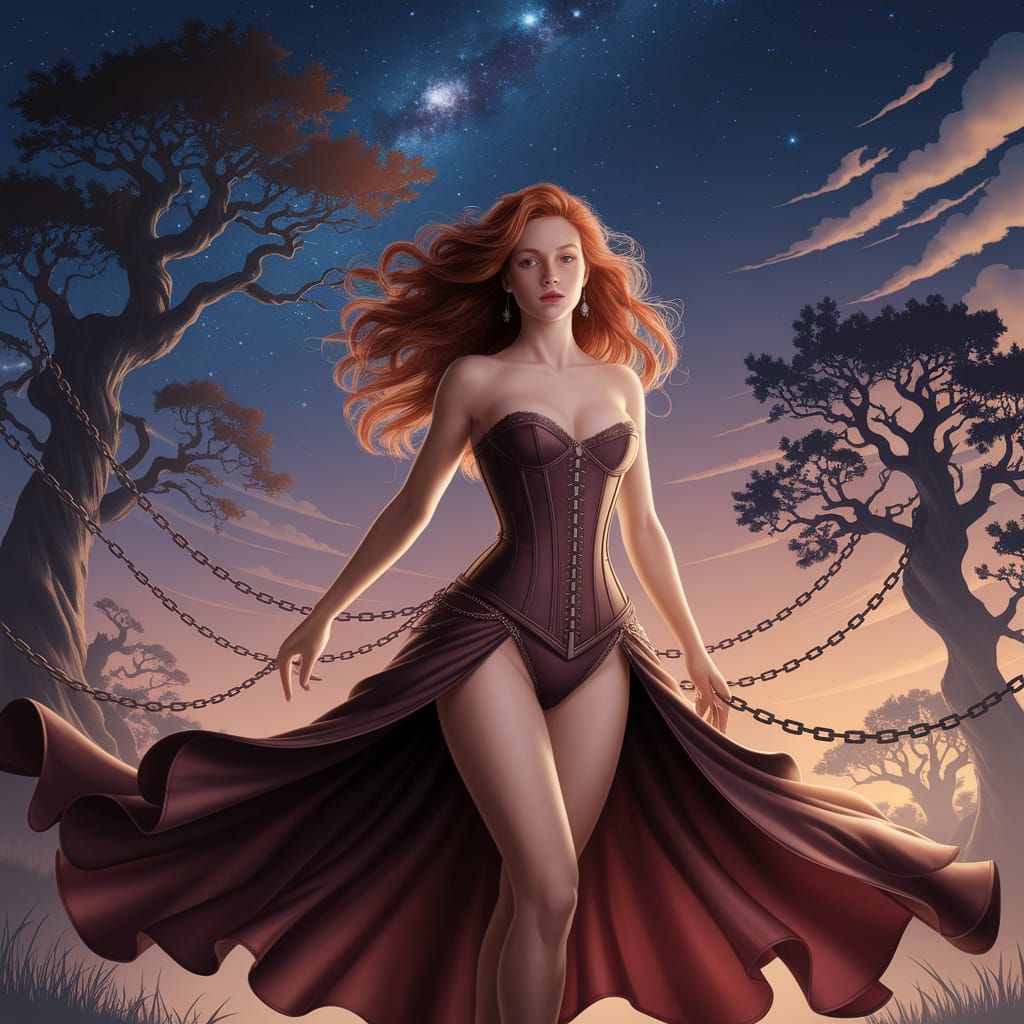 Bare Chested Red-Headed Woman Enchanted by Starry ... - AI Art