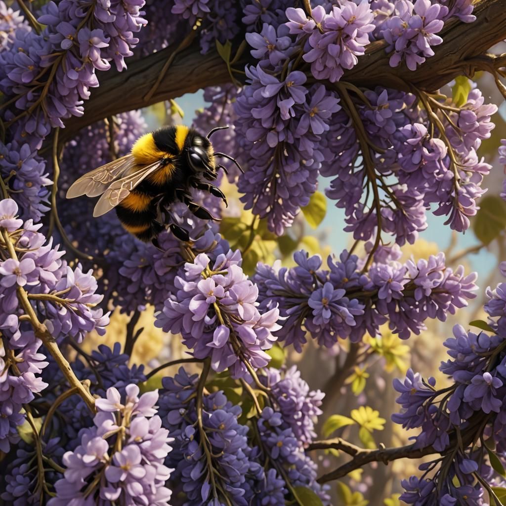 A massive fuzzy cute fat fluffy bumblebee covered in pollen rests ...