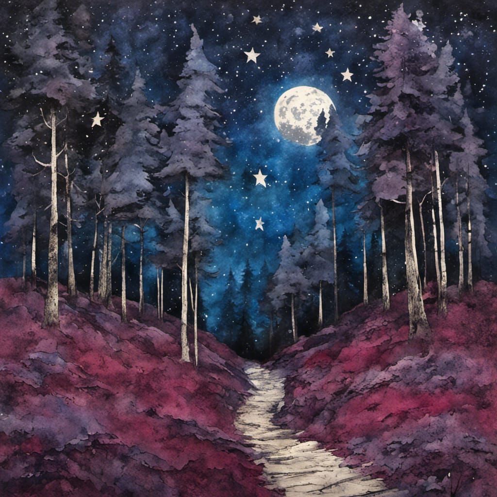 dark woodland path, ink blue starry night sky, pine tree forest, purple ...