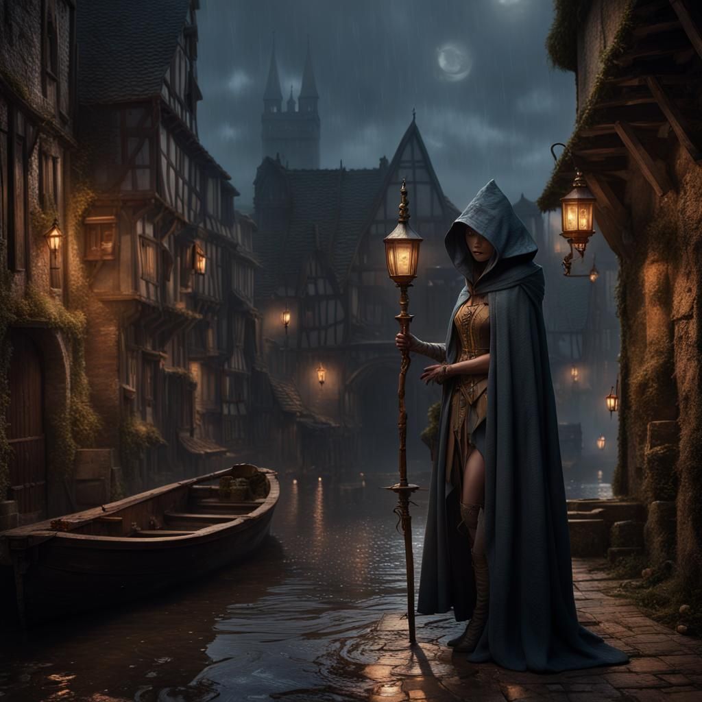 in a rainy medieval town, near a canal lit by the moon, a hooded woman ...