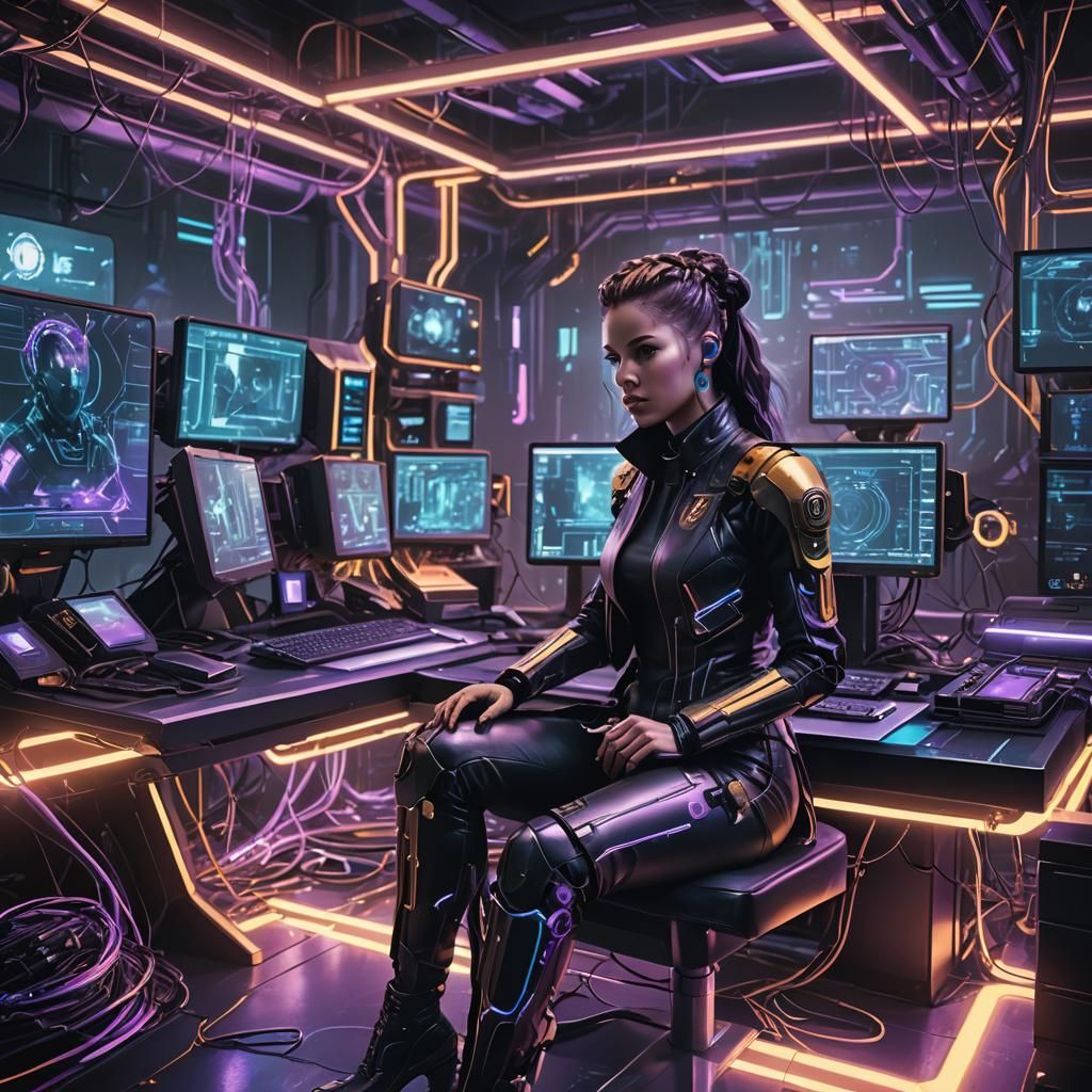 Synthwave Woman in Neon Noir Laboratory - AI Art