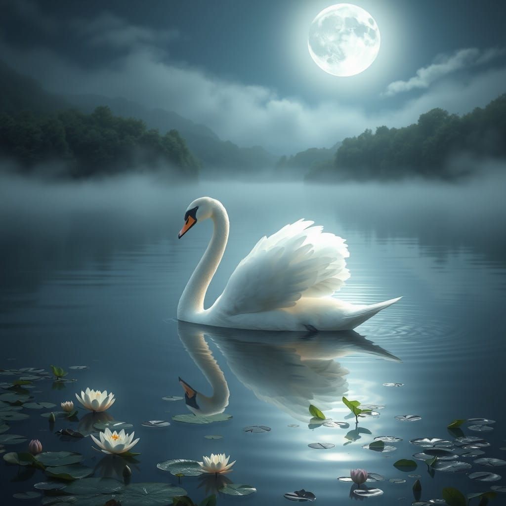 Enchanted Swan Serenade Under Silvery Moonlight - AI Art