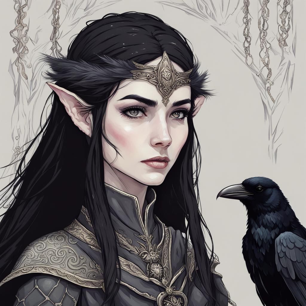 Portrait of a female elf with black hair and a raven - AI Generated ...