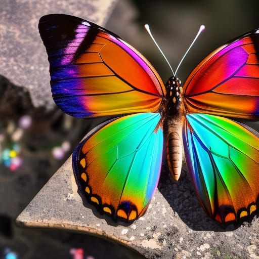 a butterfly in a looking glass, colourful surround, rainbow energy ...