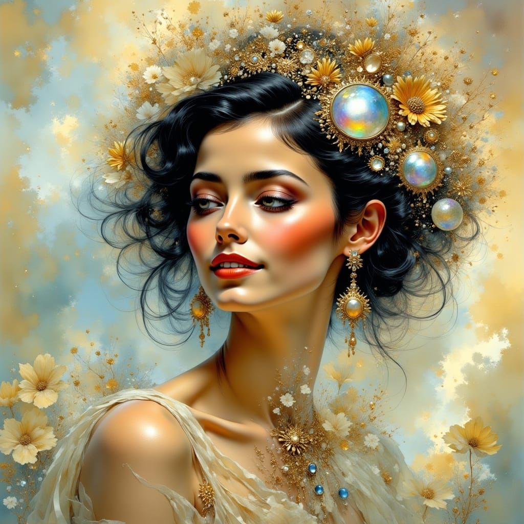 A serene, eyes open, focus on the face, smiling, no limbs, fingers or ...