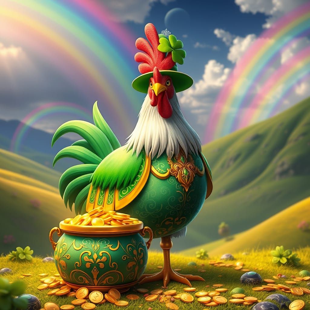 Proud Chicken in Emerald Regalia Beside Glittering... - AI Art