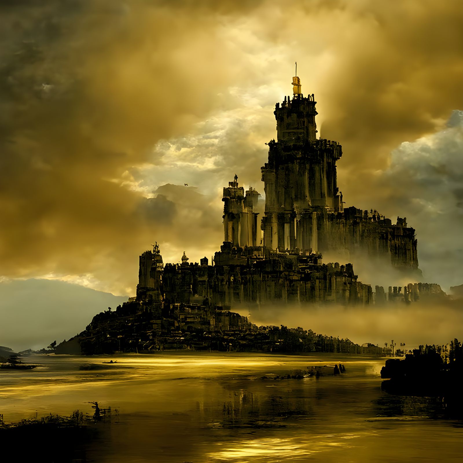 3D painting of a majestic castle of goddess Athena black and gold ...