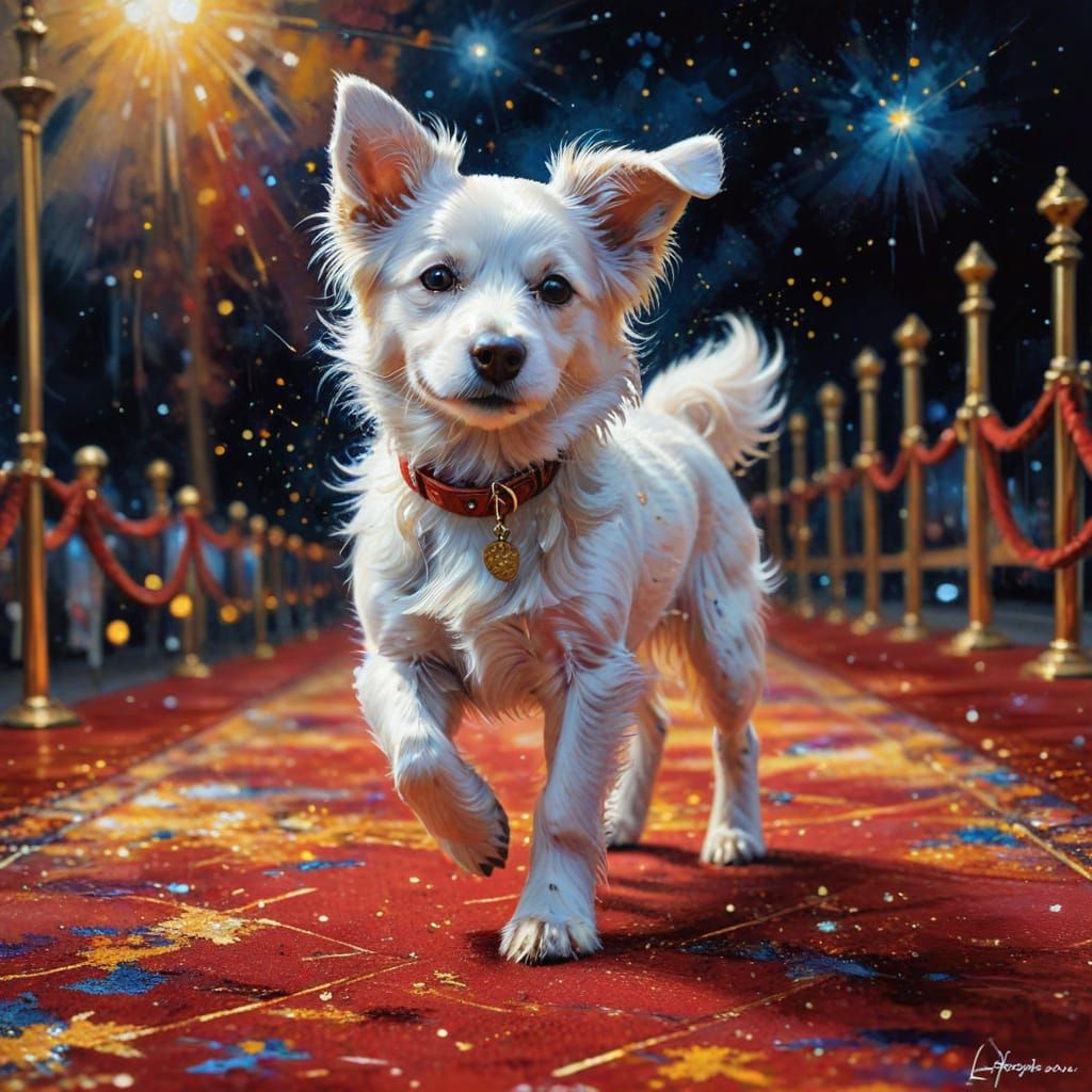 A dog strutting down the red carpet, showing off its natural glamour.