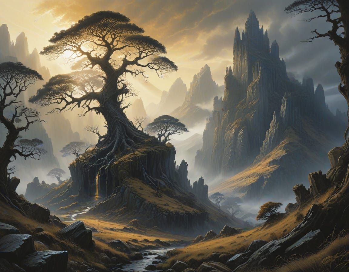 Gothic Elven Castles Rise Above Misty Mountains in... - AI Art