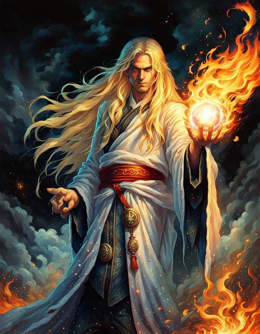 Extremely detailed fierce gaze of fire sorcerer with long blonde hair ...