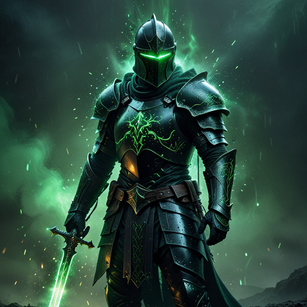 a knight wearing black armor with glowing green gilding and holding a ...