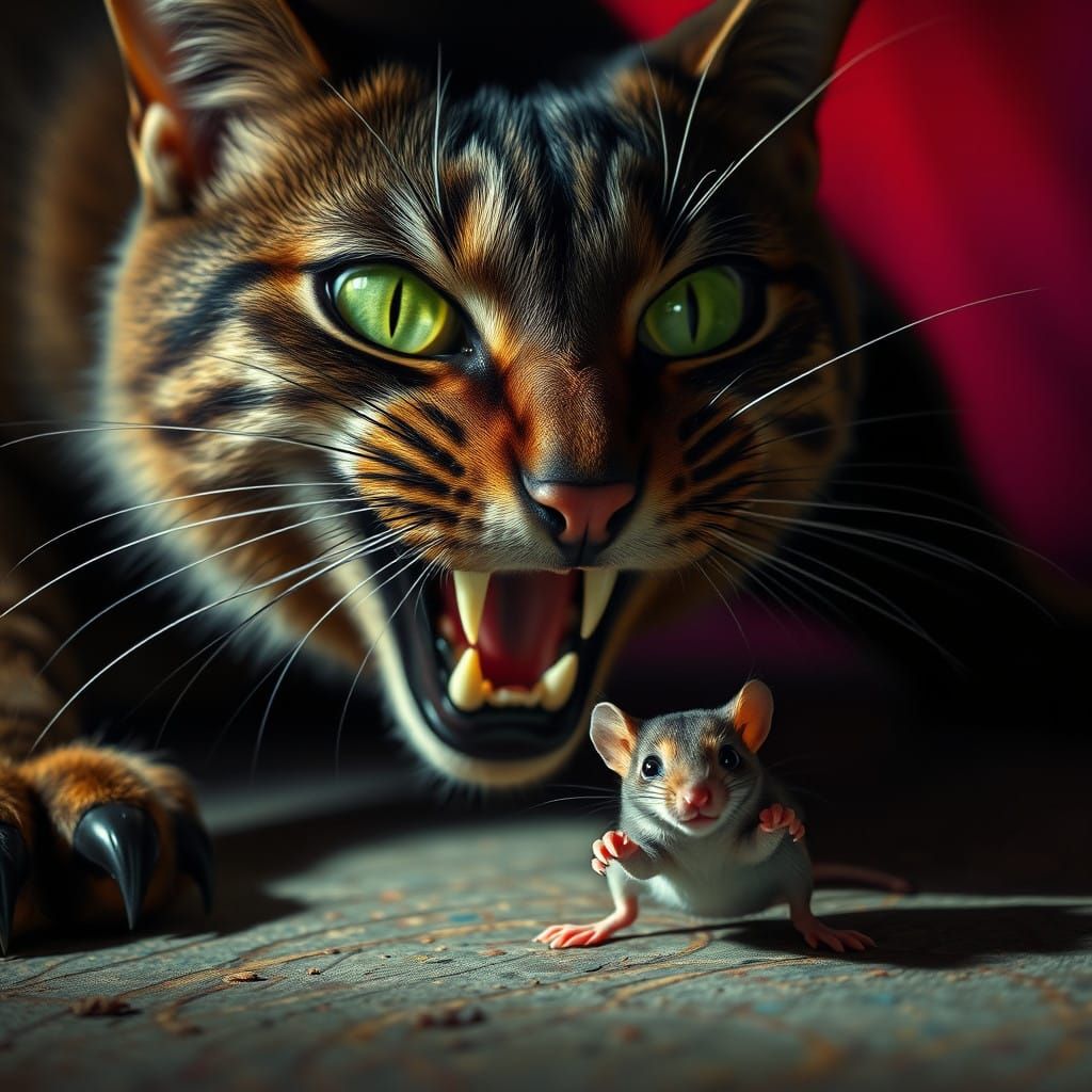 Tiny Mouse Cowers Before Menacing Cat with Piercin... - AI Art