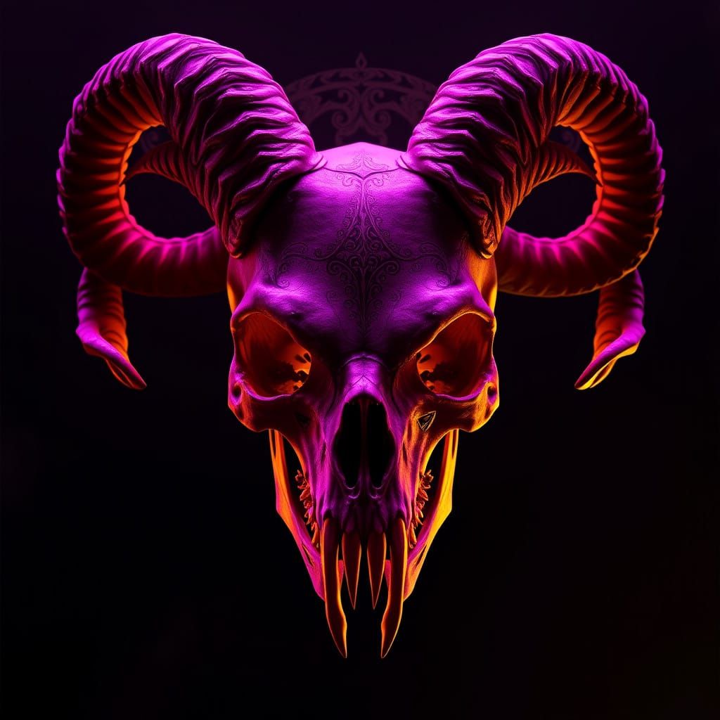 A demonic skull with teeth and rams horns. Front view. Rams horns fit ...